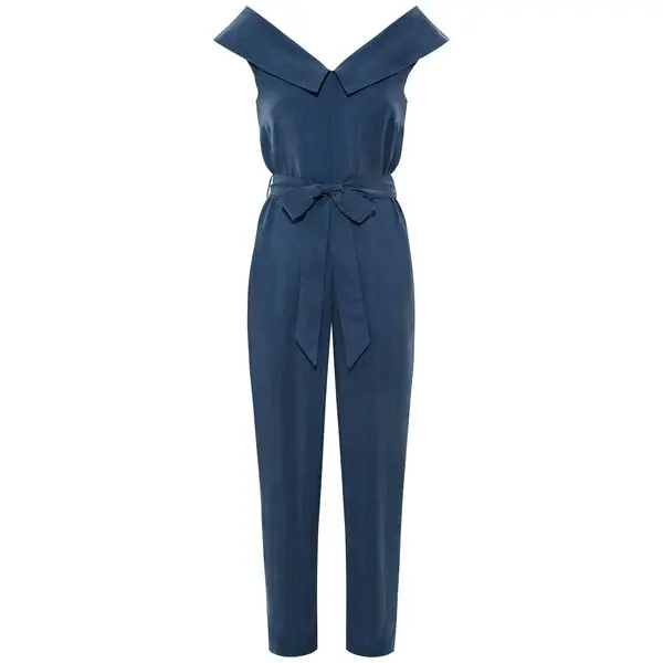FEMPONIQ Off Shoulder Belted Vegan Jumpsuit Dark Denim - Blue