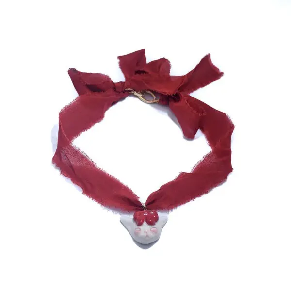 H2 STUDIO Angry Puss Ruby Silk Necklace Bowtie - Red