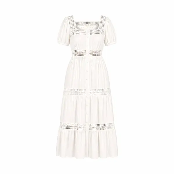 YUMI Cotton Square Neckline Lace Midi Dress - White