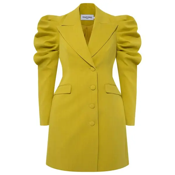 FEMPONIQ Draped Sleeved Tailored Blazer Dress Lime - Yellow