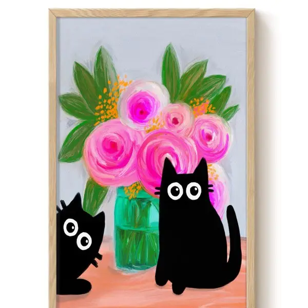THE PAPER TAIL Cats And Roses Art Print A3 - Black