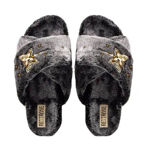 RETTROSE Sofia Charcoal Luxury Plush Diamanté Embellished Handmade Slipper - Grey