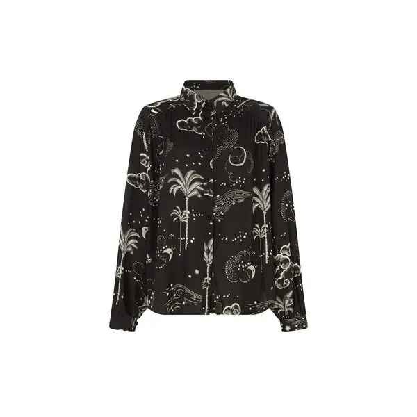 RAFFYA Palm Button Down Palm Print Shirt - Black