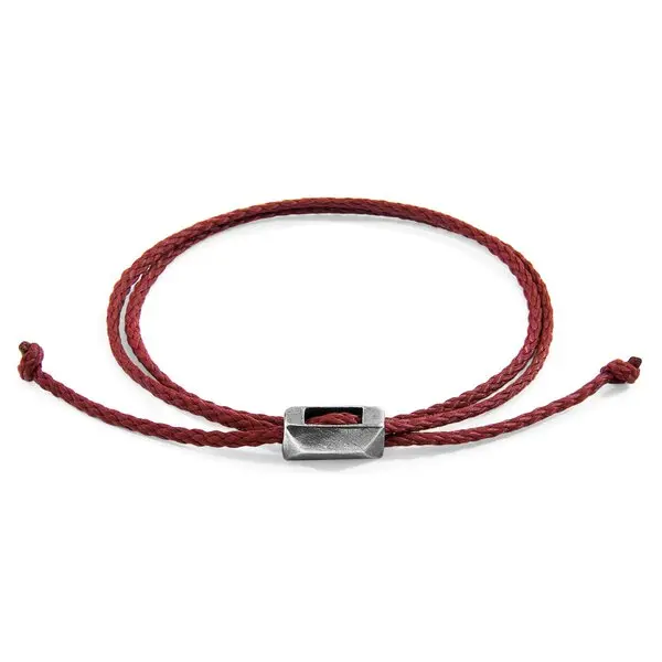 ANCHOR & CREW Burgundy Edward Silver & Rope Skinny Bracelet - Red
