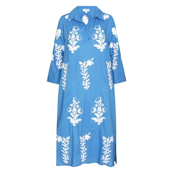 NOLOGO-CHIC Long Tourist Dress With White Embroidery Cotton - Blue