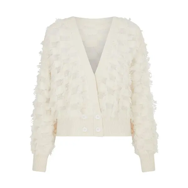 SOUR FIGS Fringed Checkerboard Cardigan - White