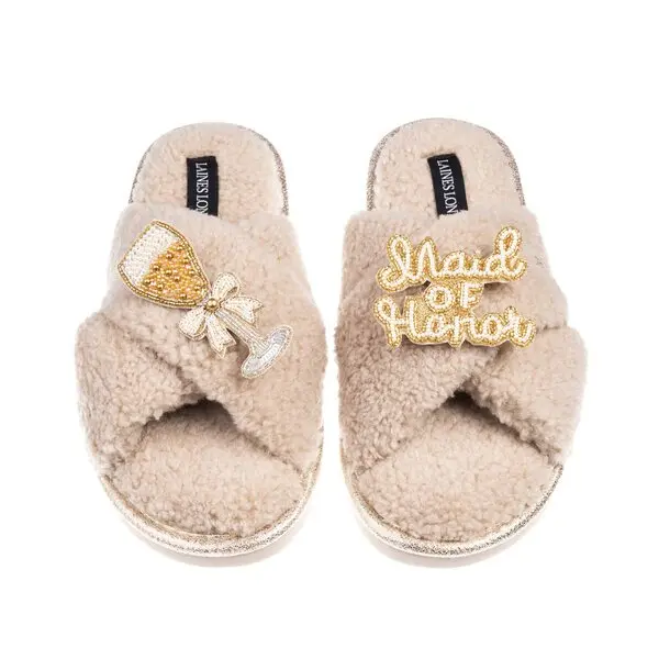 LAINES LONDON Neutrals Laines Neutral Boucle Slippers With Maid Of Honor Brooches Oatmeal - Brown