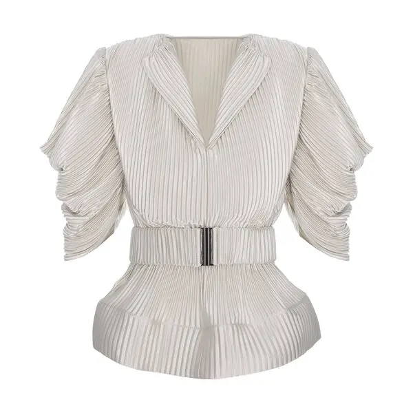 SILVIA SERBAN V-neck Pleated Ivory Satin Blouse