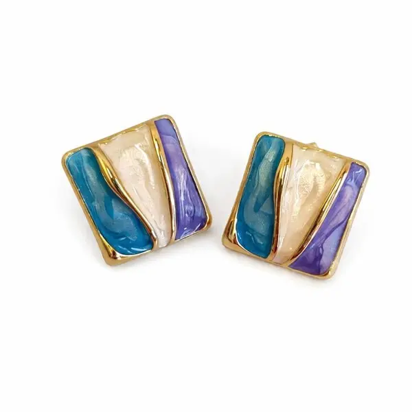 NUVV COLLECTION Gold-plated Multicolor Enamel Square Stud Earrings - Yellow