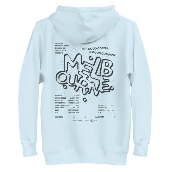 ANCHOR & CREW Sky Gustatory Melbourne Coffee Scene Cotton Blend Embroidered Hoodie - Blue