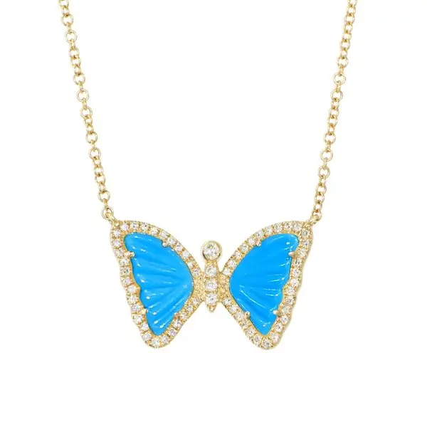 KAMARIA Mini Turquoise Butterfly Necklace With Diamonds - Blue