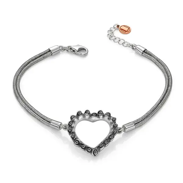 UNALOE Heart Of Roses Sterling Bracelet With Double Snake Chain – Handmade Italian Floral Jewelry - Silver