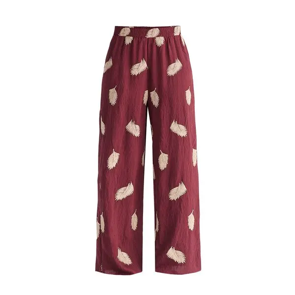 PAISIE Leaf Embroide Trousers In Burgundy - Red