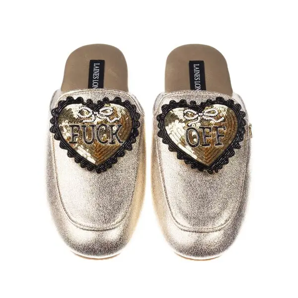 LAINES LONDON Classic Mules With Black & Fuck Off Hearts Brooches - Gold