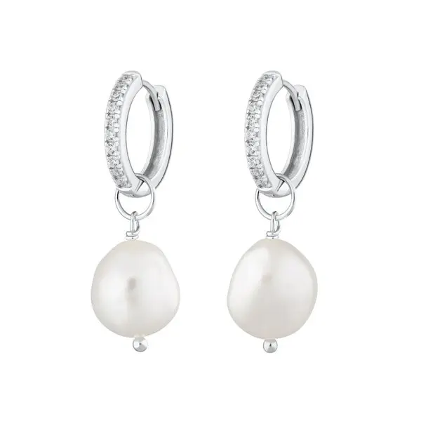 SCREAM PRETTY Large Sparkle Huggie Earrings With Baroque Pearl - Silver