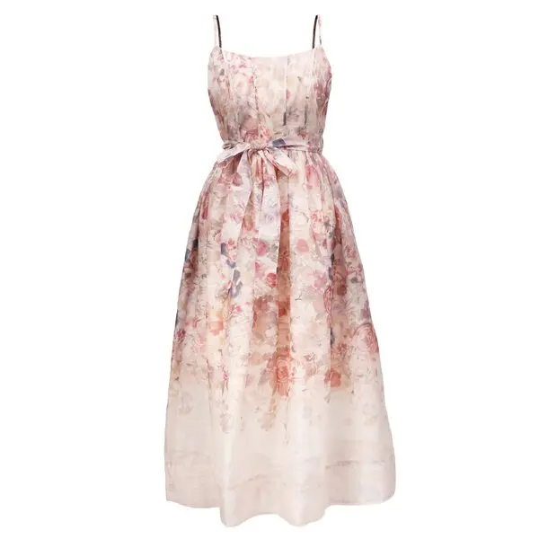 SMART AND JOY Neutrals / Flower Print Organza Strappy Dress Multicolor - White