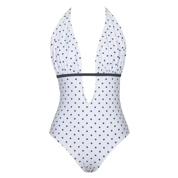 MISS CIRCLE NEW YORK Olive Base Polka Dot Ruched Breast Halter Backless Swimsuit - White