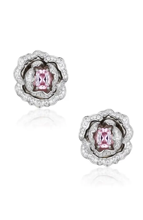 SANTINNI Pink / Silver 'marchioness' Flower-motif Silver Earrings With Pink Crystal - Pink/silver