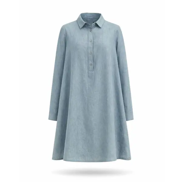 NIKKA PLACE Linen Oversized Tunic Shirt With Collar In Dusty - Blue