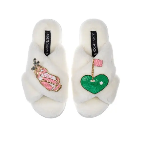 LAINES LONDON Classic Faux Fur Slippers With Golf Brooches - White
