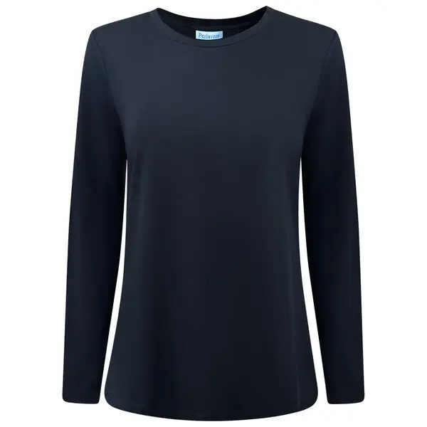 PERLAVERA Tanya Solid Cotton Spandex Long Sleeve Length Crew Neck T-shirt - Black