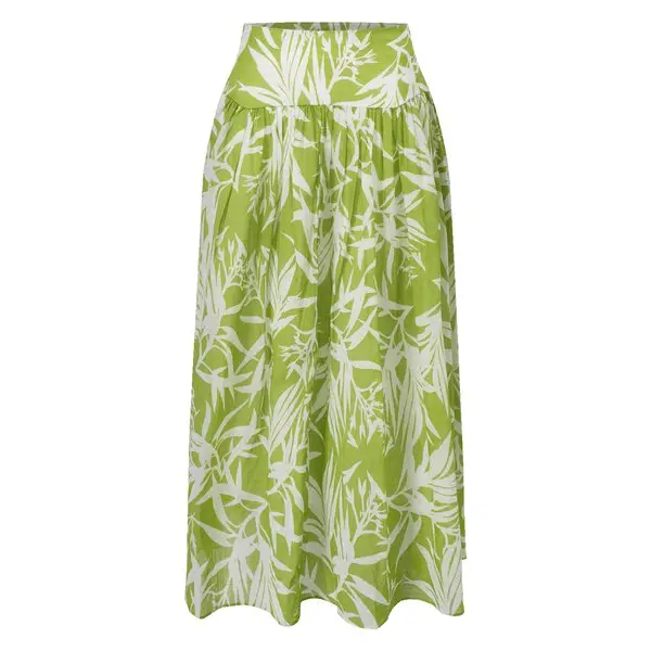 SMART AND JOY Midi Cotton Skirt With Leaf Print - Green