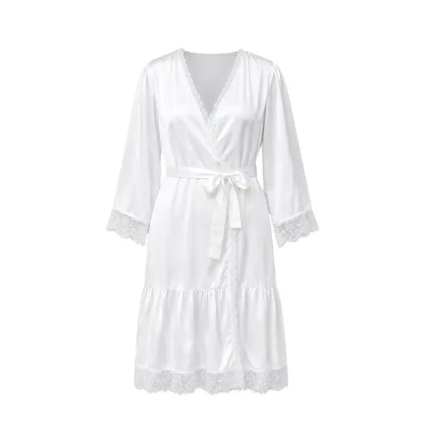 OH!ZUZA NIGHT&DAY Grace Satin Viscose Midi Robe Chiffon Lace Cream - White