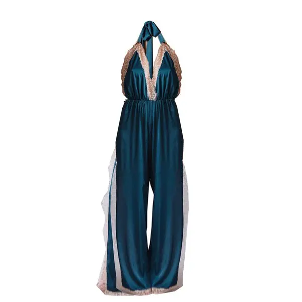 NOBLESSE OBLIGE Blue / Green Petrol Long Open Leg Halter Neck Romper - Blue/green