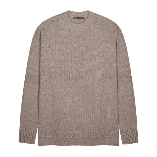 PAUL JAMES KNITWEAR Midweight Cotton Sennen Grid Knit Gansey Jumper Jaspe - Brown