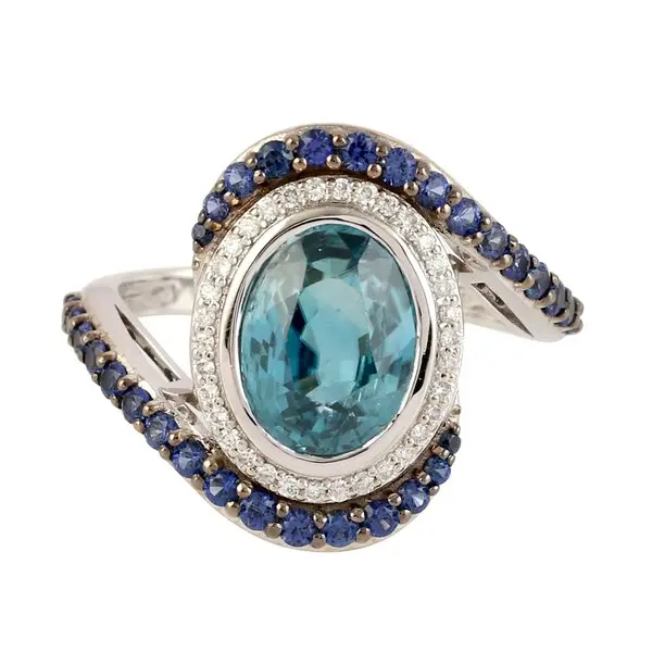 ARTISAN White / Blue Natural Blue Zircon, Blue Sapphire & Diamond Halo Ring In 18k White Gold - White/blue