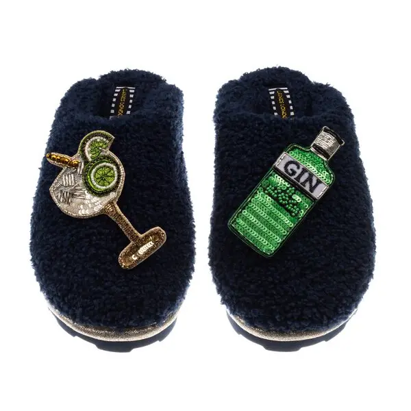 LAINES LONDON Teddy Closed Toe Slippers With Original Gin & Glass Brooches Navy - Blue