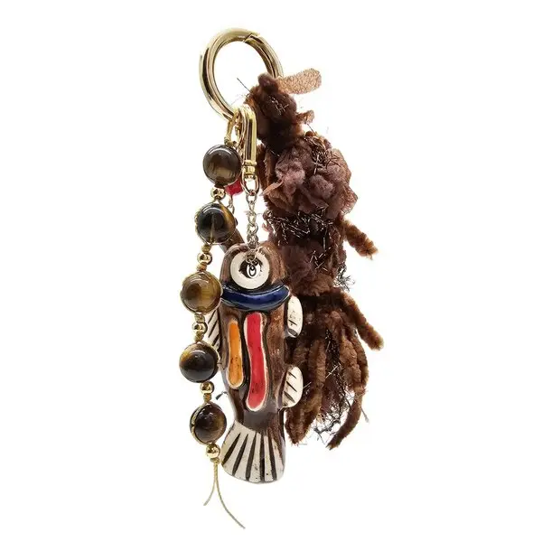 FARRA Handcrafted Ceramic Fish With Tiger-eye Stone And Tassel Bag Charm - Brown