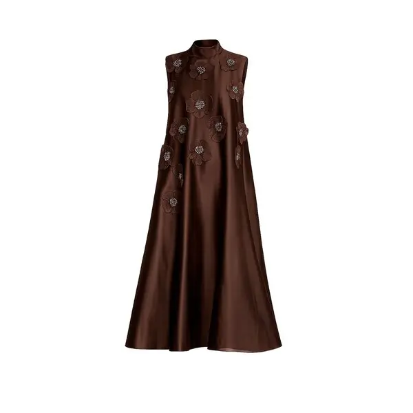 TANTRA SPAIN SL Loose-fitting Sleeveless A-line Dress With Sewn-on Flower Details And Rhinestones - Brown