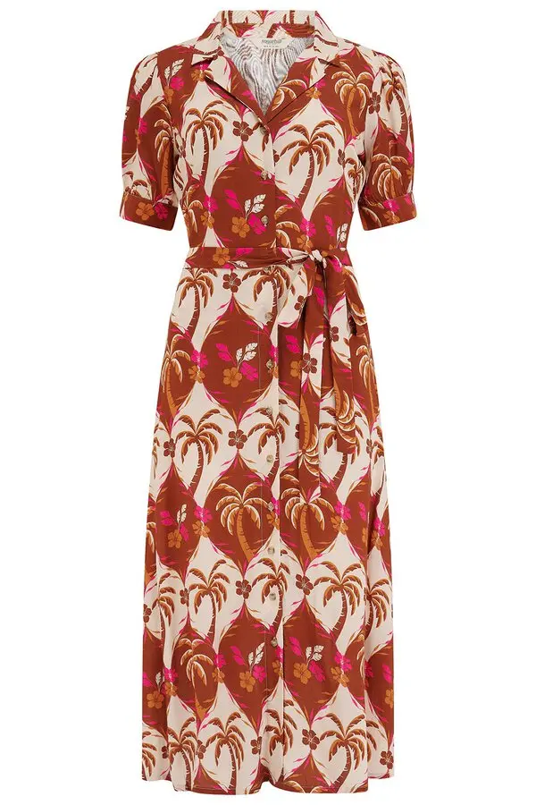 SUGARHILL BRIGHTON Penelope Midi Shirt Dress S, Palm Waves Tile - Brown