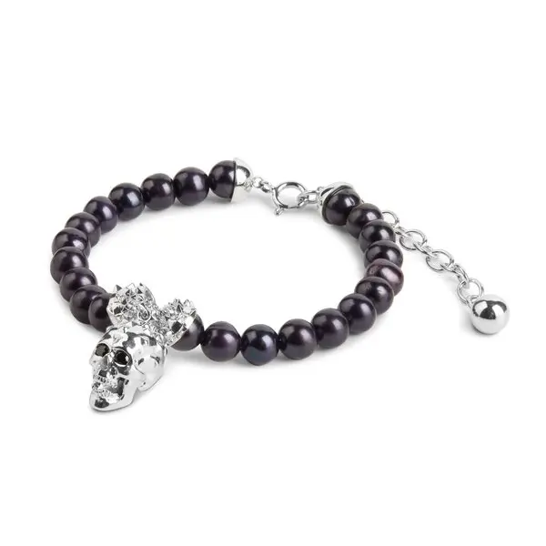 KASUN LONDON Skull Pearl Bracelet & Peacock - Silver