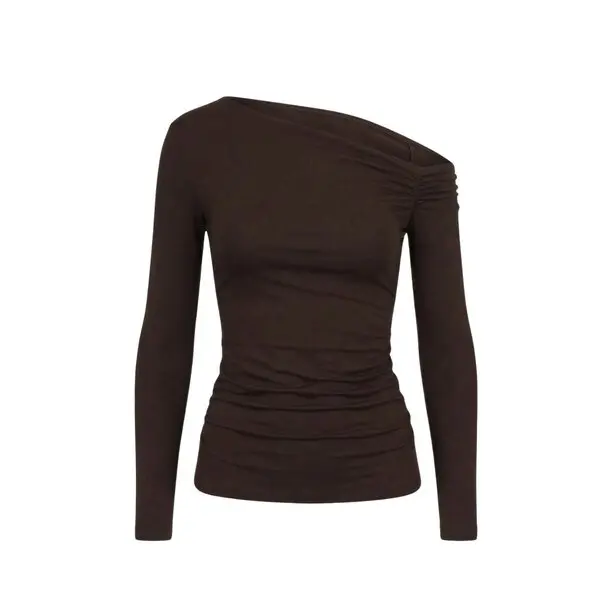 MONLICIA Asymmetric Off-shoulder Long Sleeve Stretch Lune Top - Brown