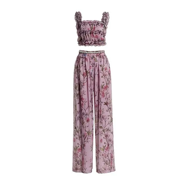 NUR KARAATA Floral Ruffle Detail Wide Leg Set - Pink