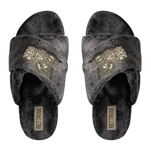 RETTROSE Georgia Charcoal Luxury Plush Diamanté Embellished Handmade Slipper - Grey