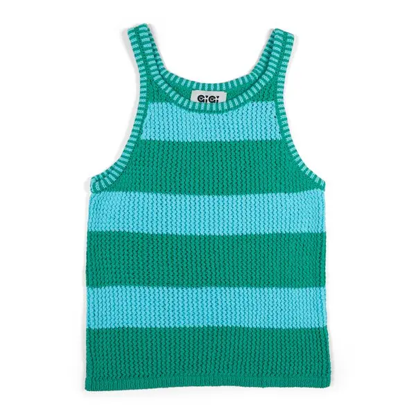 GIGI KNITWEAR Mesh Cotton Tank Top In Turquoise & Stripe - Green