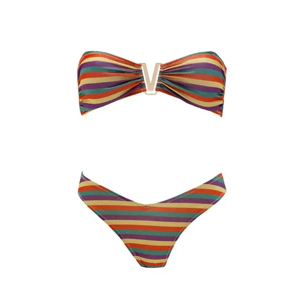 AULALA PARIS Metallic Mermaid Vintage Inspired Lurex Striped Bikini Pink & Purple - Orange