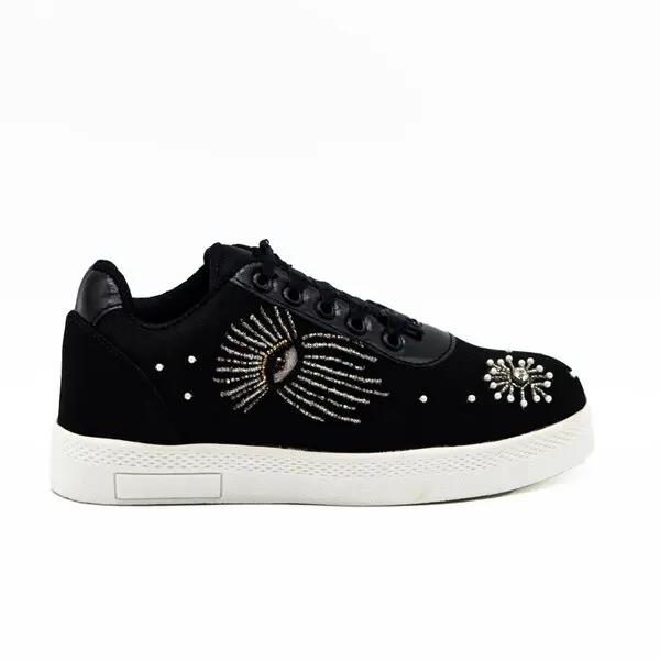 RETTROSE River Luxury Satin Handmade Embellished Tennis Shoe - Black