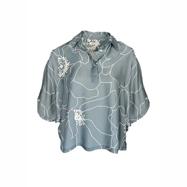 Haris Cotton Blue / White Printed Satin Batwing Long Sleeve Blouse Blue Peonies - Blue/white