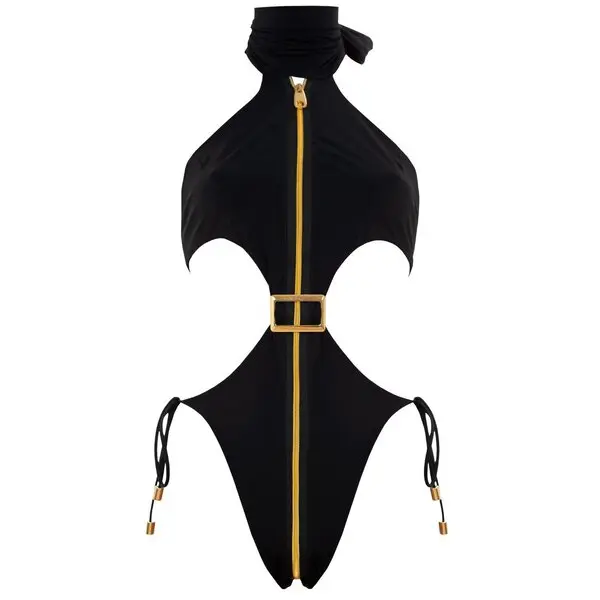 ANTONINIAS Cynosure Cut-out One-piece Swimsuit With Gold Accents And Front Zip - Black