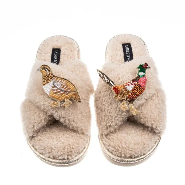 LAINES LONDON Neutrals Laines Neutral Boucle Slippers With Pheasant & Hen Brooches Oatmeal - Brown