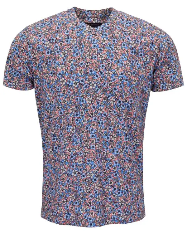 LORDS OF HARLECH Maze Floral Field Coral Vneck Tee - Orange