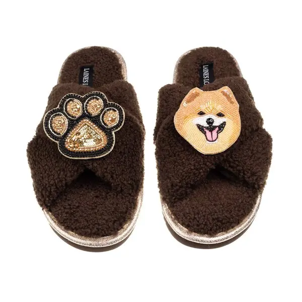 LAINES LONDON Neutrals Laines Neutral Boucle Slippers With Teddy The Pomeranian & Paw Brooches Chocolate - Brown