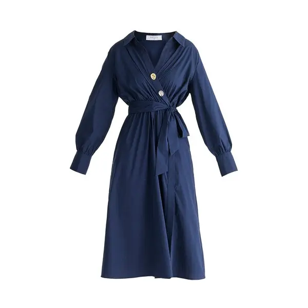 PAISIE Wrap Midi Shirt Dress With Metallic Button Details In Navy - Blue