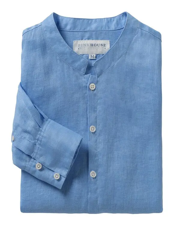 PINK HOUSE Linen Collarless Shirt Plain French - Blue