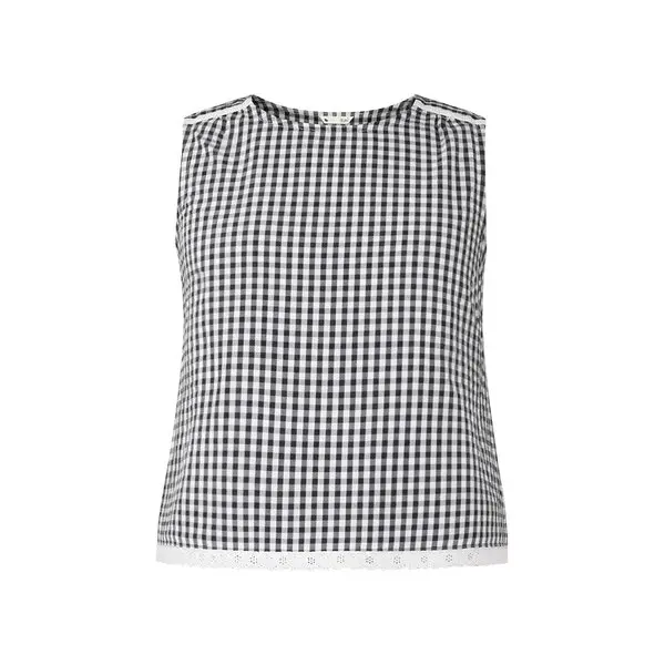 YUMI Gingham Cotton Top With Lace Trims - Black