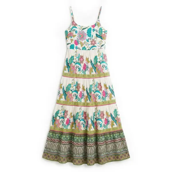 YUMI Floral Block Print Tiered Maxi Sun Dress - White